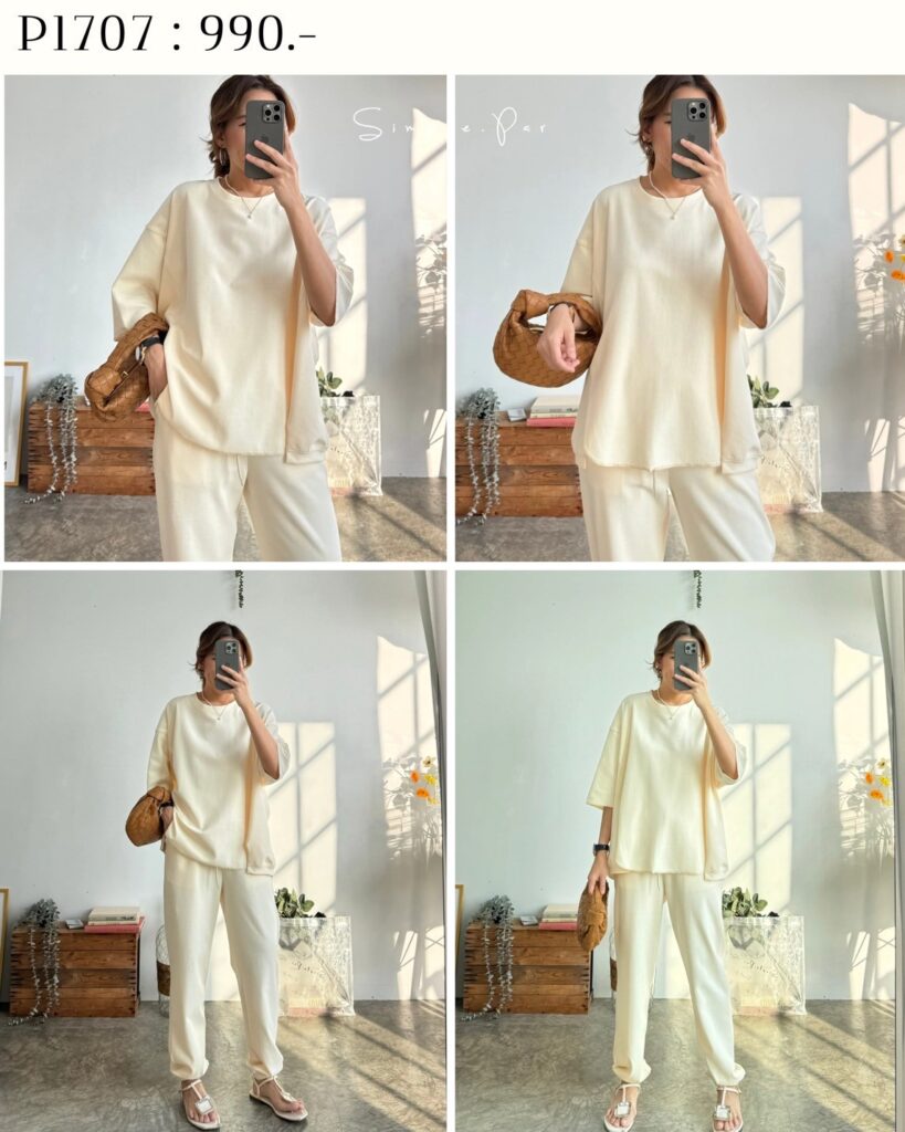 P1707 : SET แขนสั้นคอกลม มาพร้อมกางเกงเอวยึดปลายขาจั้ม - Simple Par